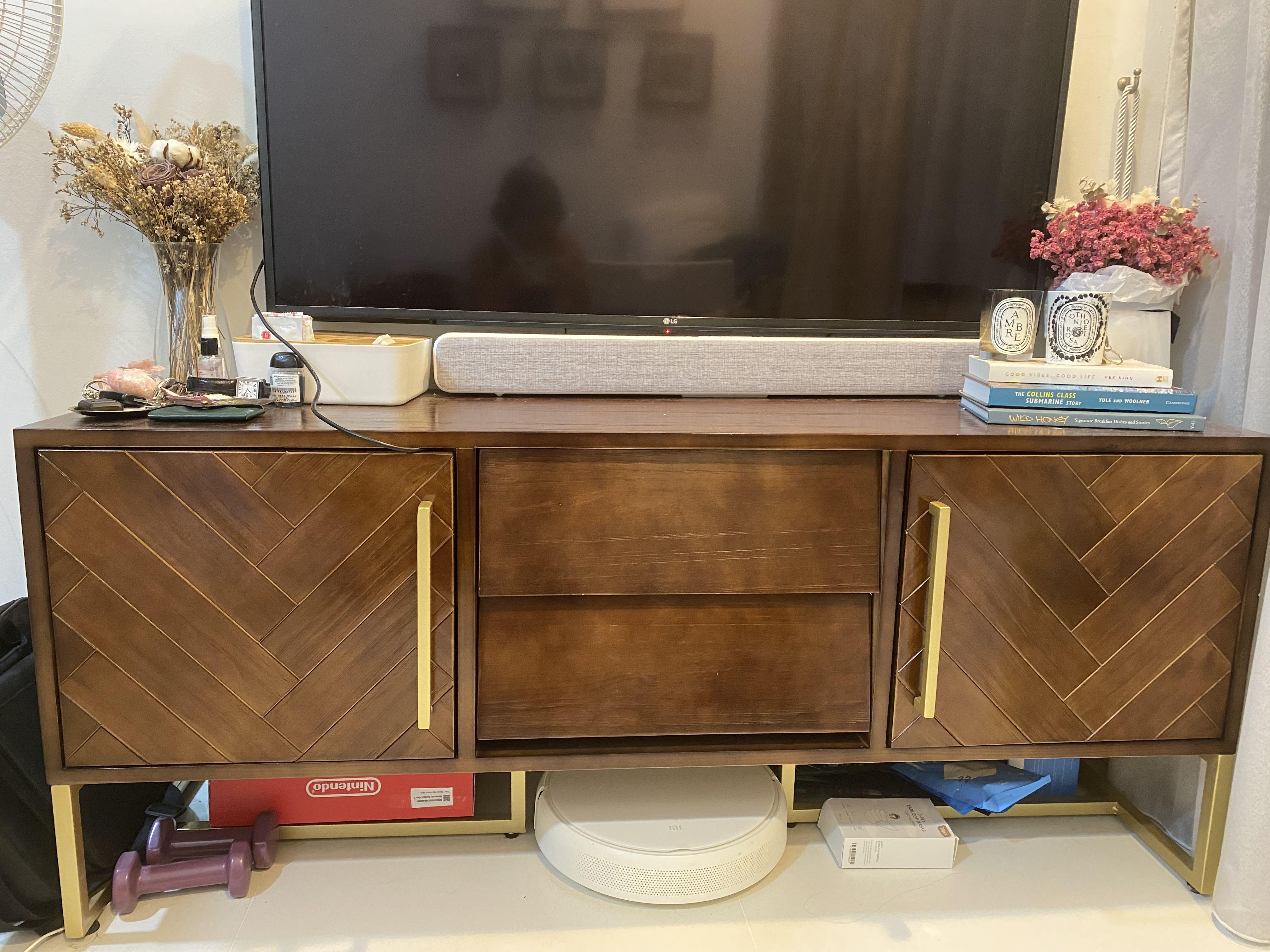 Herringbone TV console solid wood, Furniture & Home Living, Furniture ...