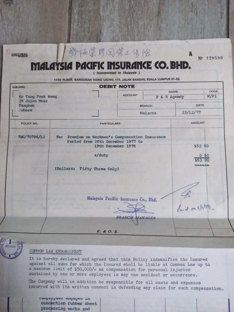 1977 receipt/policy Malaysia Pacific Insurance Co.Bhd, Hobbies & Toys ...