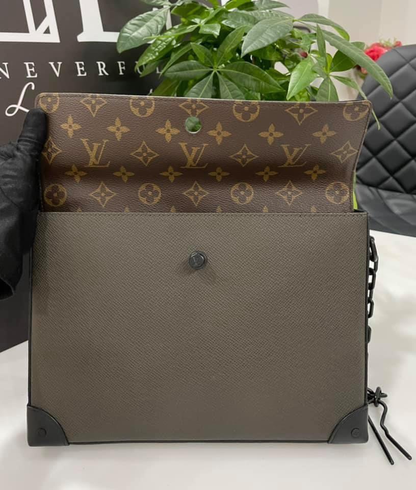 Louis Vuitton Voyage Streamer Khaki Green Monogram Taiga Leather ...