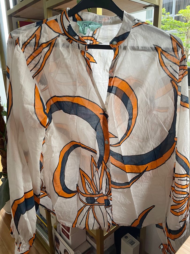 Nala Design Blue orange wave pattern Mandarin collar shirt, Women's ...