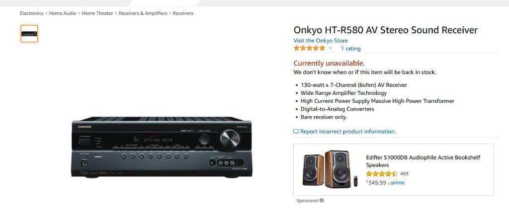 Onkyo HT-R580 AV Stereo Sound Receiver 7.1ch with DTS-HD & Dolby TrueHD ...