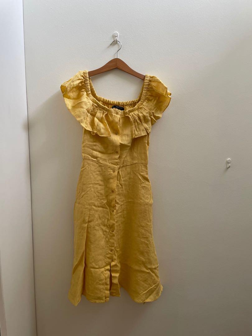 Zara yellow linen ruffle dress, Women's Fashion, Dresses & Sets ...