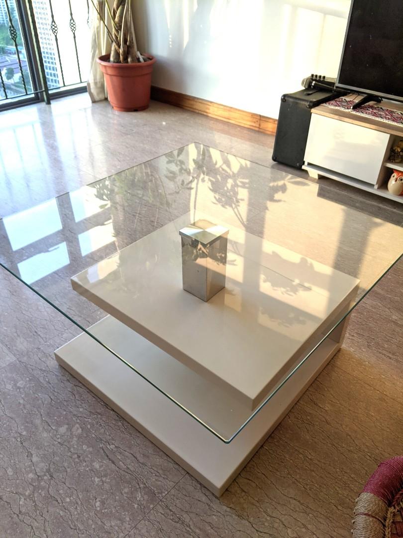 Minimalist White Color & Glass Coffee Table (Square & Glossy finish ...