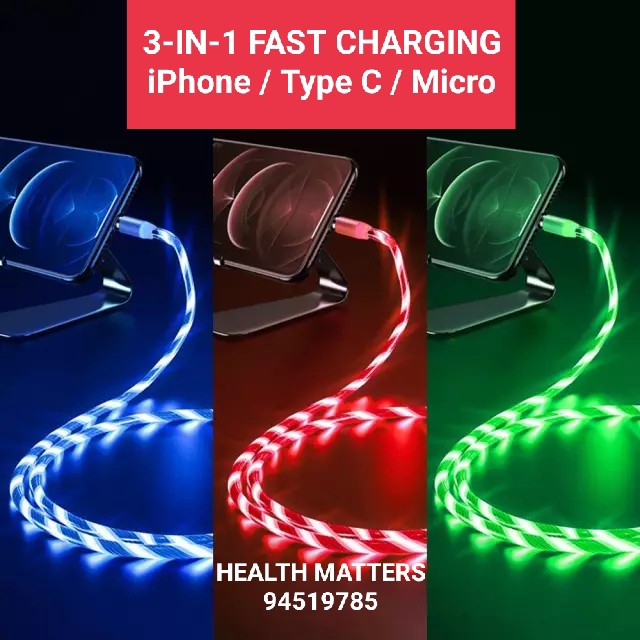 ♥️3-IN-1 FAST CHARGING USB magnetic cable LED flowing glow in the dark ...