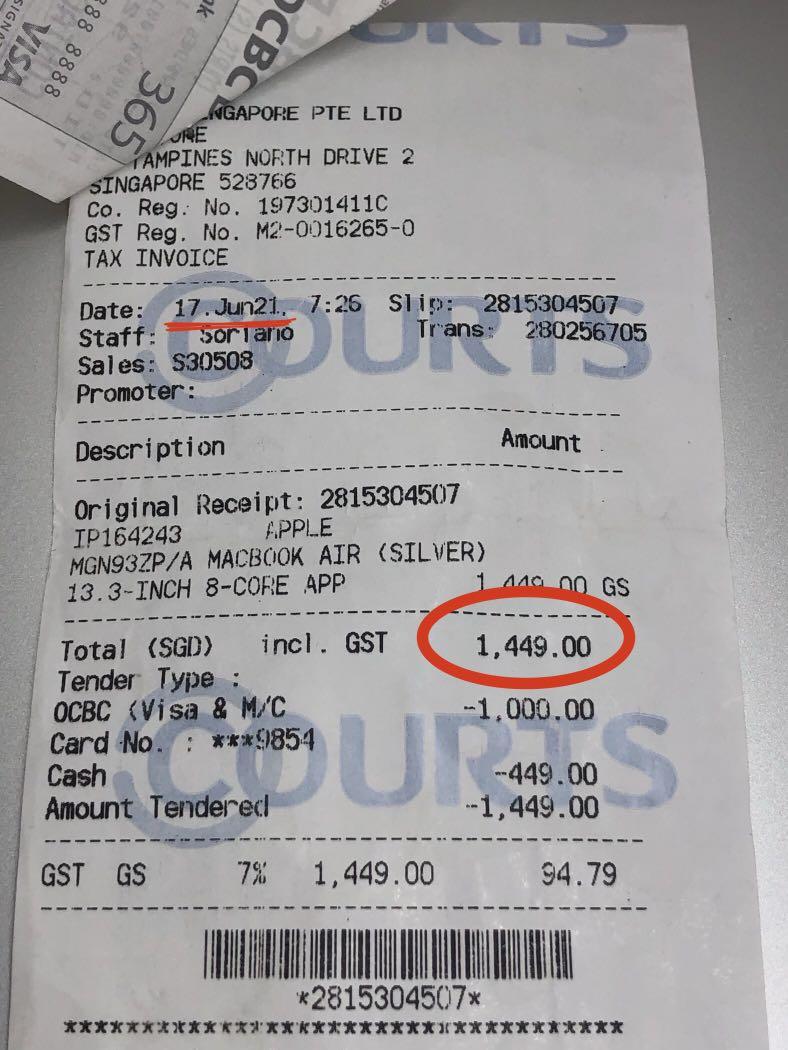 Few days new MacBook Air M1 chip complete box & Courts receipt ...