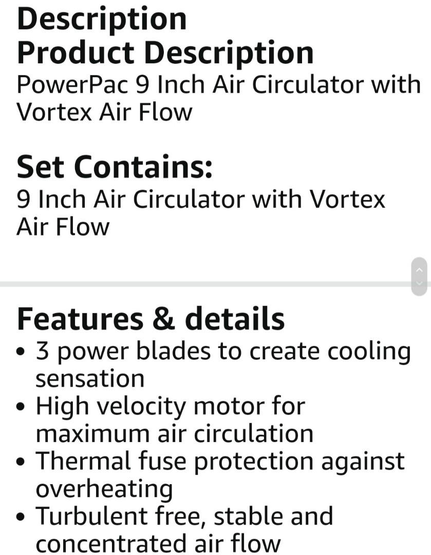 PowerPac Air Circulator 9 inch Table Fan, Furniture & Home Living ...