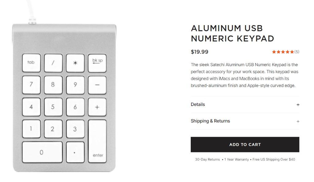 SATECHI Aluminum Wired USB Number / Numeric Keypad (Windows and Mac ...