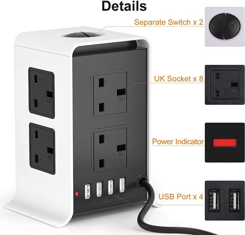 bedee Tower Power Strip Extension Cord, 8 Way Outlets 4 USB Ports Tower ...