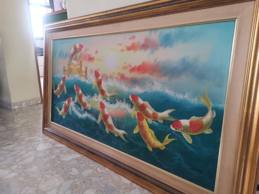 9 koi fish feng shui painting (self collection), Hobbies & Toys ...