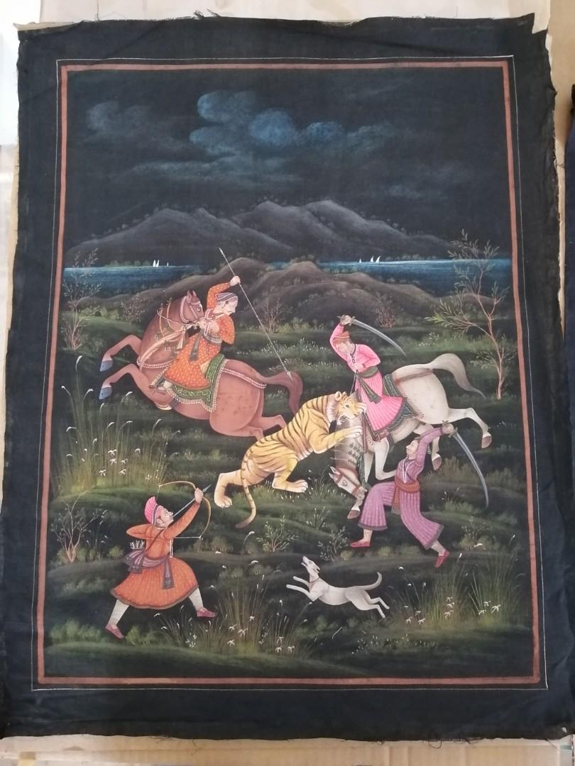 Vintage Indian Mughal Paintings on Cloth Tiger Hunt, Furniture & Home ...
