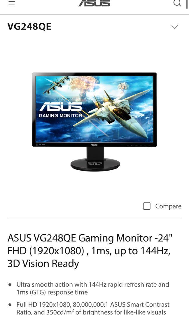 極新 24吋 ASUS Vg248 qe Full HD 144Hz gaming monitor, 電腦＆科技, 電腦周邊及配件, 電子屏幕 ...