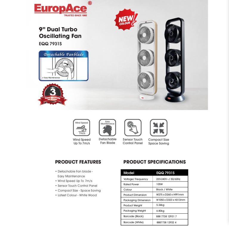 EuropAce 9” Trio Turbo Oscillating Fan, Furniture & Home Living ...