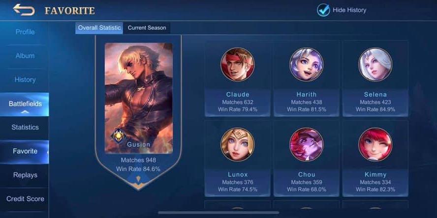 Gusion Main Pro Player Hide History and Win Rate MLBB Account, Video ...