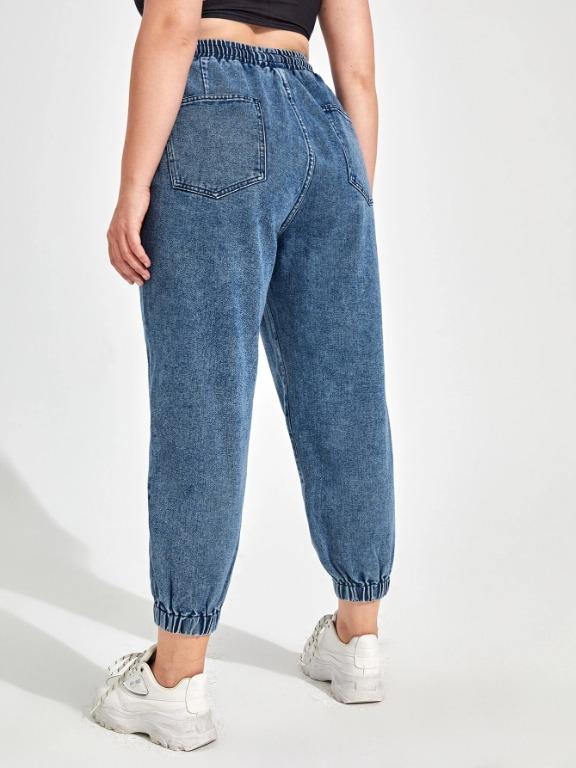 SHEIN 大碼高腰傾斜口袋慢跑牛仔褲 大尺碼 2XL 2L XXL 3XL 3L XXXL 4XL 4L XXXXL, 她的時尚, 洋裝＆套裝, 連身褲在旋轉拍賣