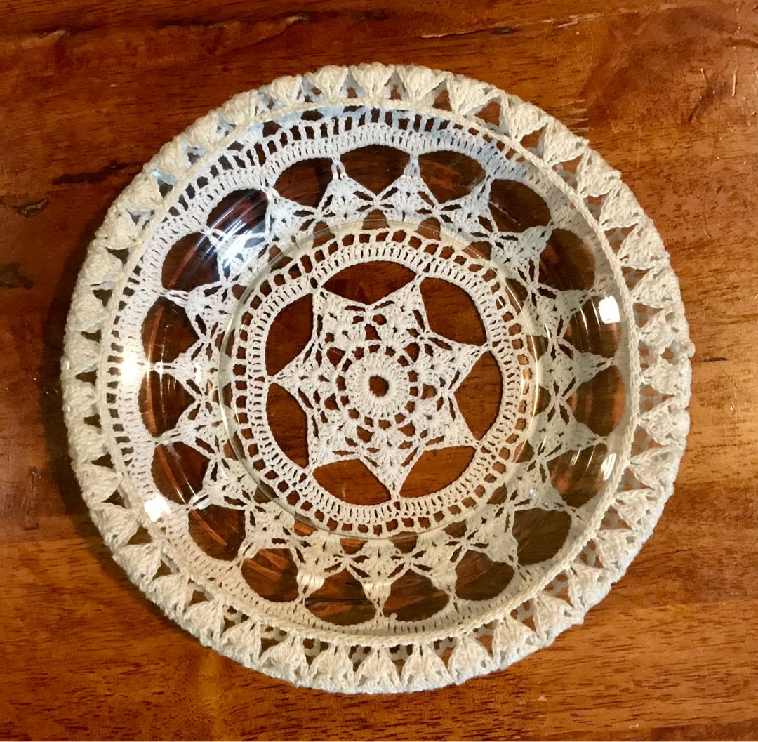 Vintage Hand Crochet Plate Cover with Glass Plate 24cm, Furniture ...