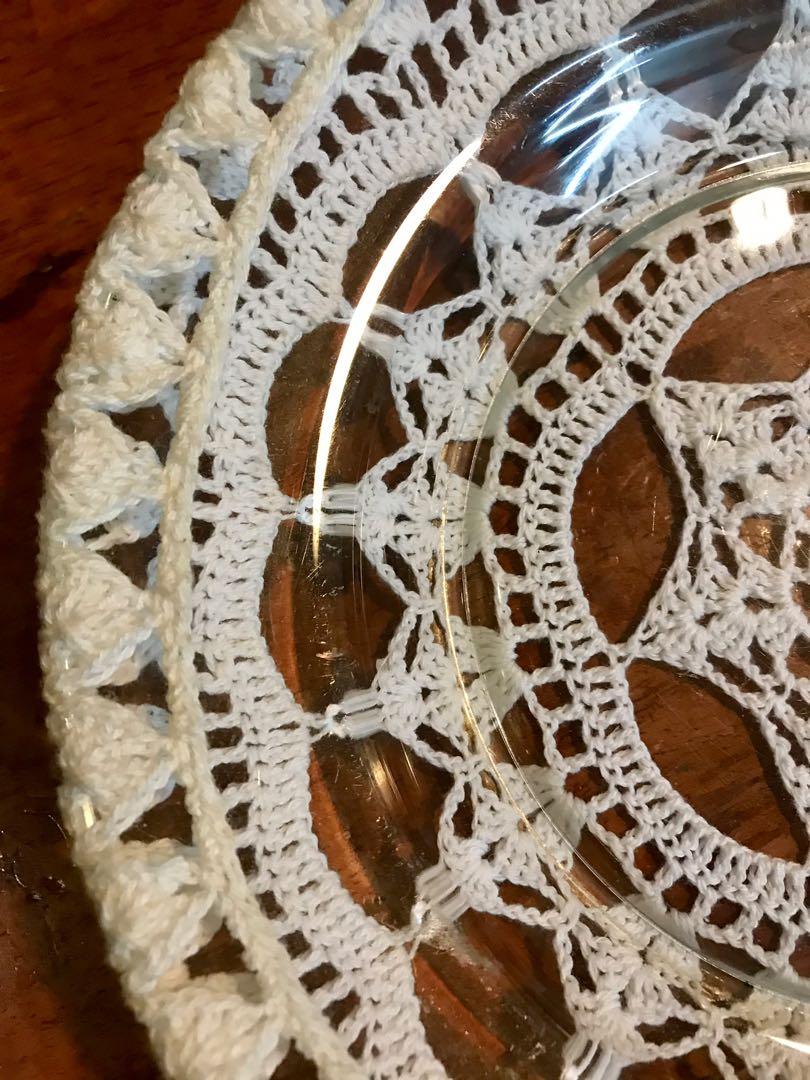 Vintage Hand Crochet Plate Cover with Glass Plate 24cm, Furniture ...