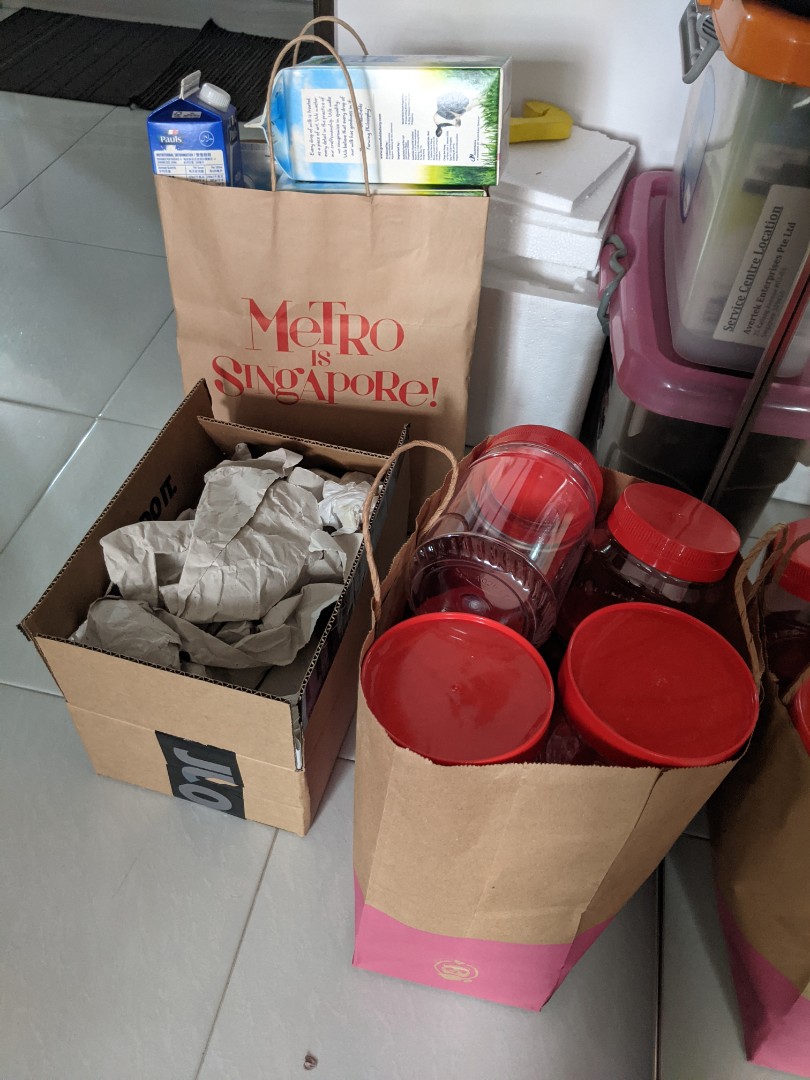 CNY containers, milk cartons, styrofoam box, paper stuffing, Everything ...