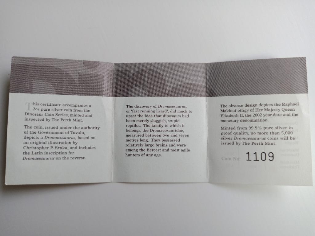 DINOSAURS SERIES: DROMAEOSAURUS 2002 2 OZ SILVER PROOF COIN, Hobbies ...