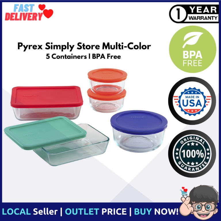 Pyrex Simply Store Glass Food Set with Multi-Colored Lids (10-Piece ...