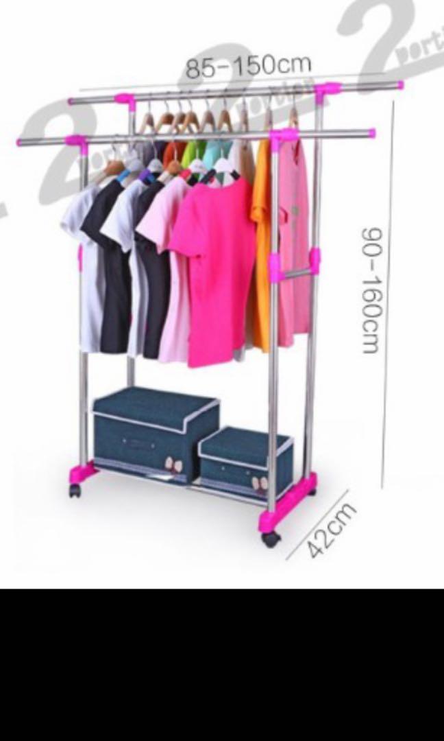 Adjustable double pole clothes rack with wheels (black), Furniture ...