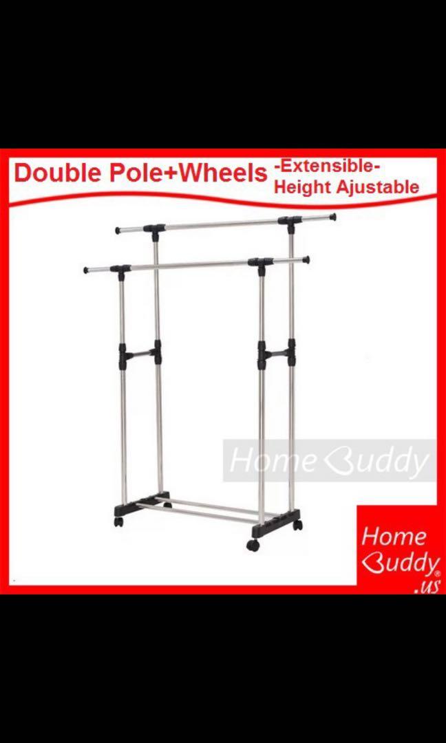 Adjustable double pole clothes rack with wheels (black), Furniture ...
