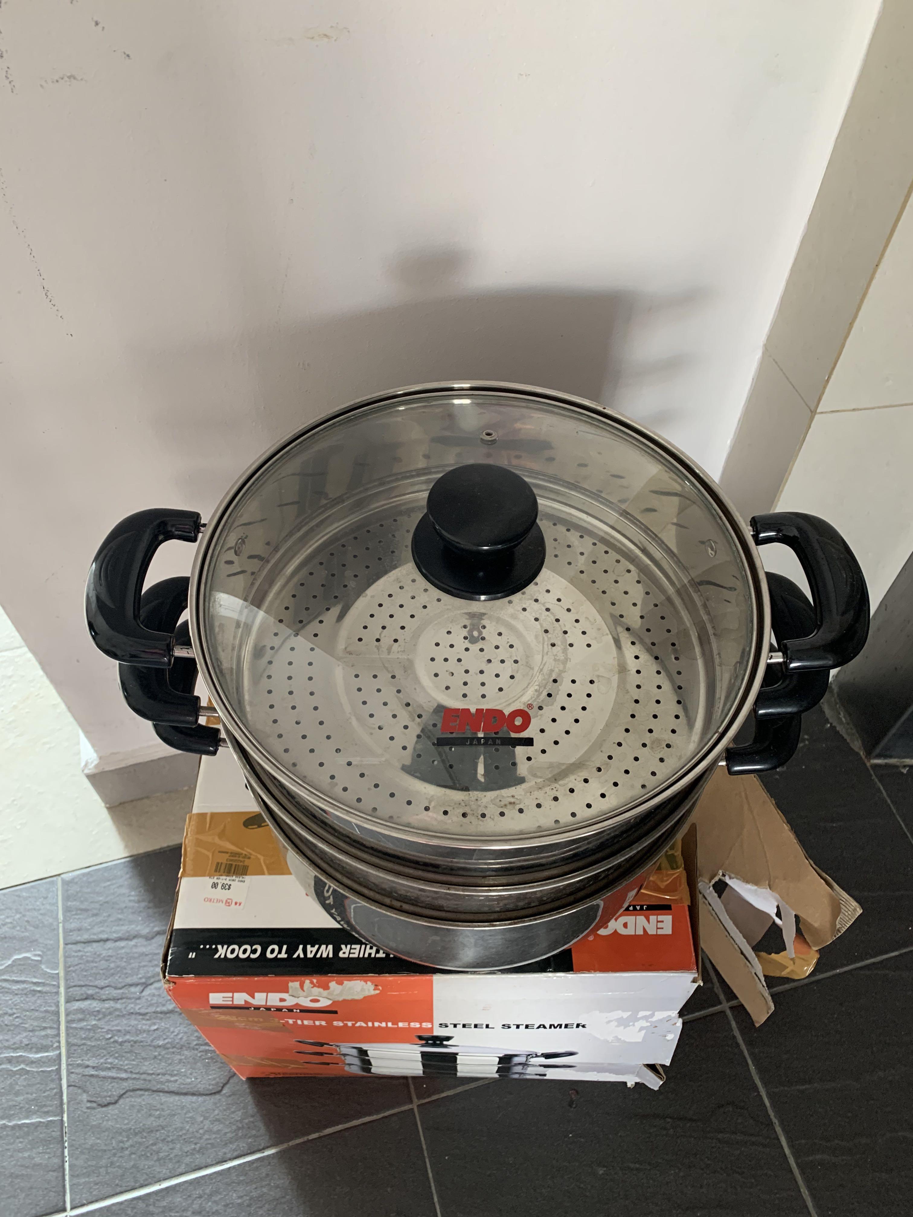 ENDO Steamer 28cm 3-Tier Stainless Steel Steamer / E-S283T 3 Layer Steamer Pot / 18/10 Stainless ...