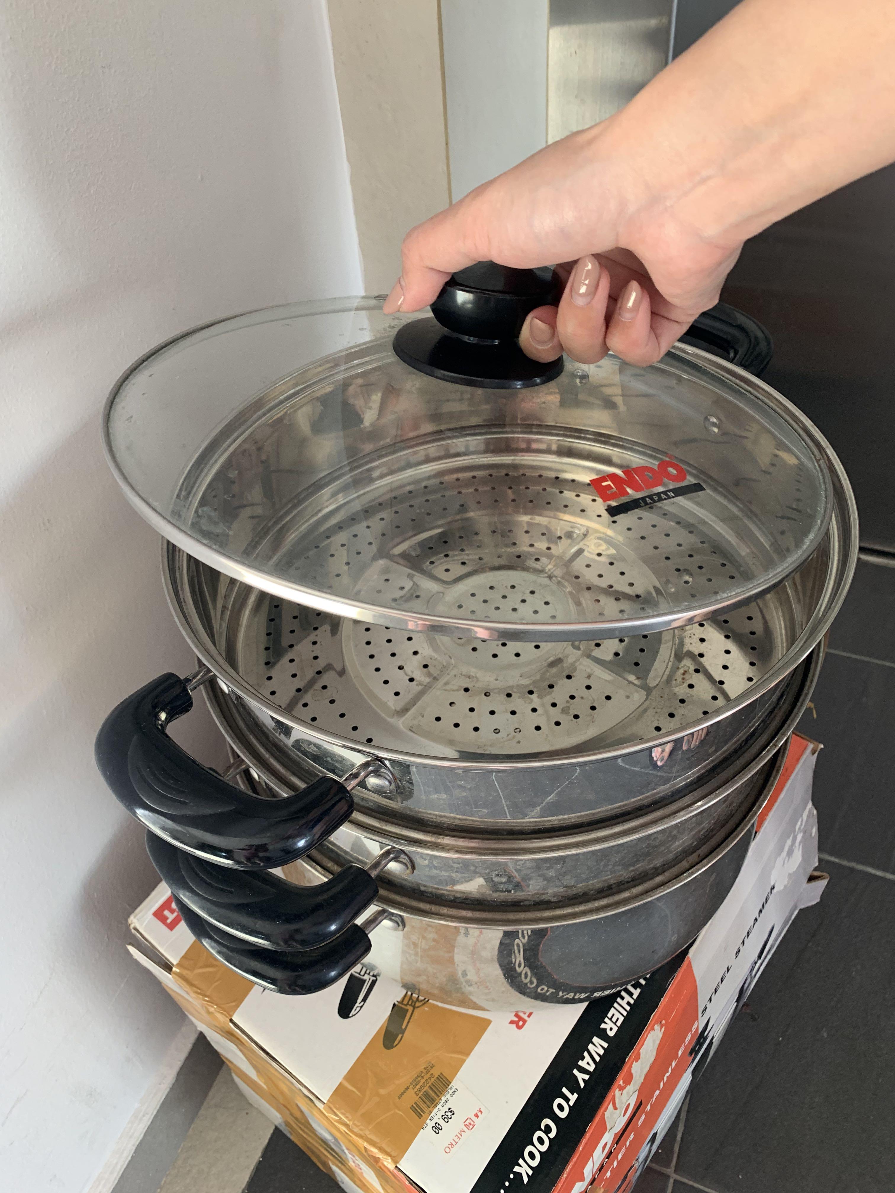 ENDO Steamer 28cm 3-Tier Stainless Steel Steamer / E-S283T 3 Layer Steamer Pot / 18/10 Stainless ...