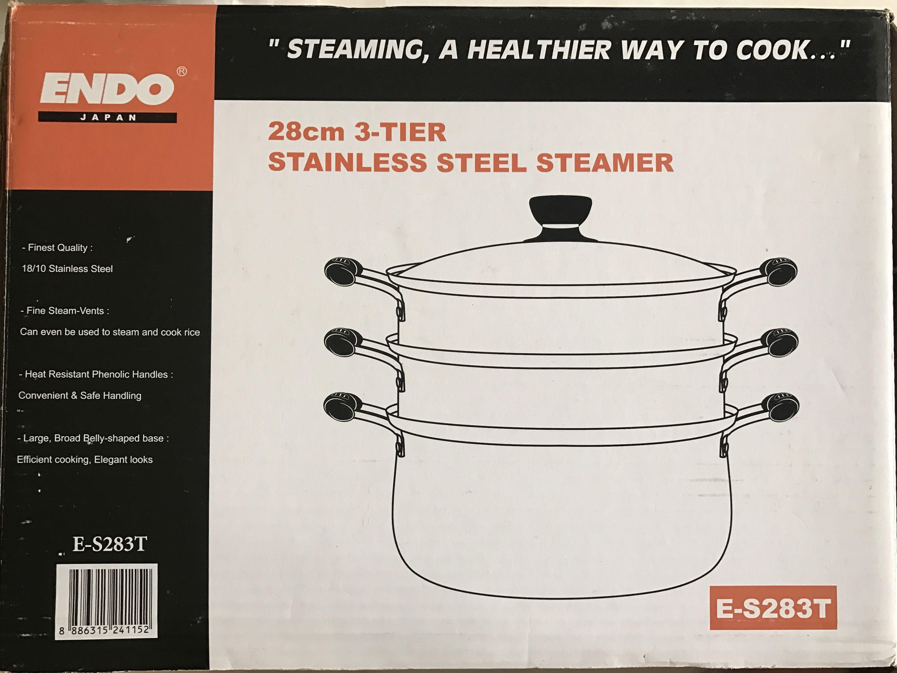 ENDO Steamer 28cm 3-Tier Stainless Steel Steamer / E-S283T 3 Layer Steamer Pot / 18/10 Stainless ...
