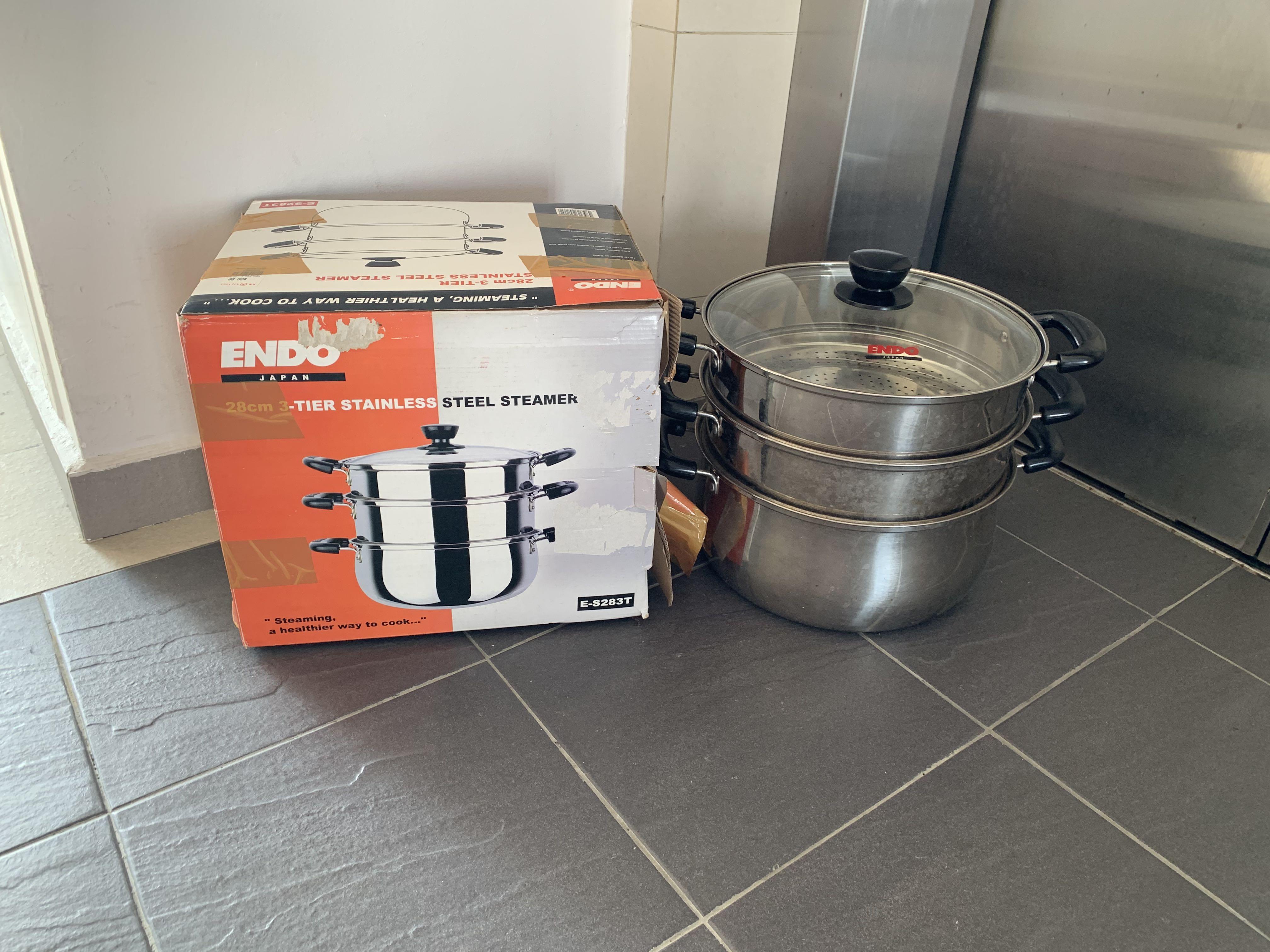 ENDO Steamer 28cm 3-Tier Stainless Steel Steamer / E-S283T 3 Layer Steamer Pot / 18/10 Stainless ...