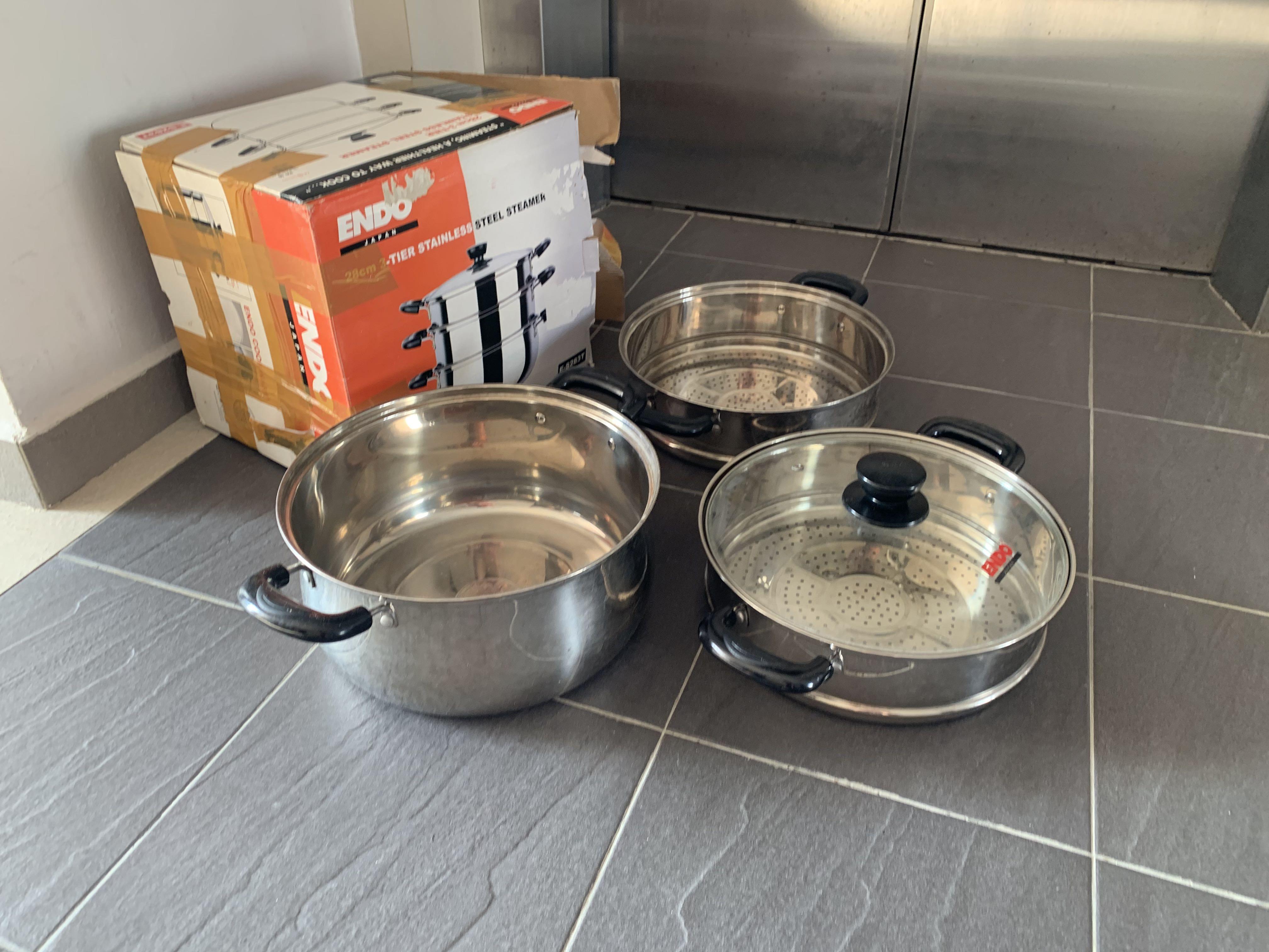 ENDO Steamer 28cm 3-Tier Stainless Steel Steamer / E-S283T 3 Layer Steamer Pot / 18/10 Stainless ...