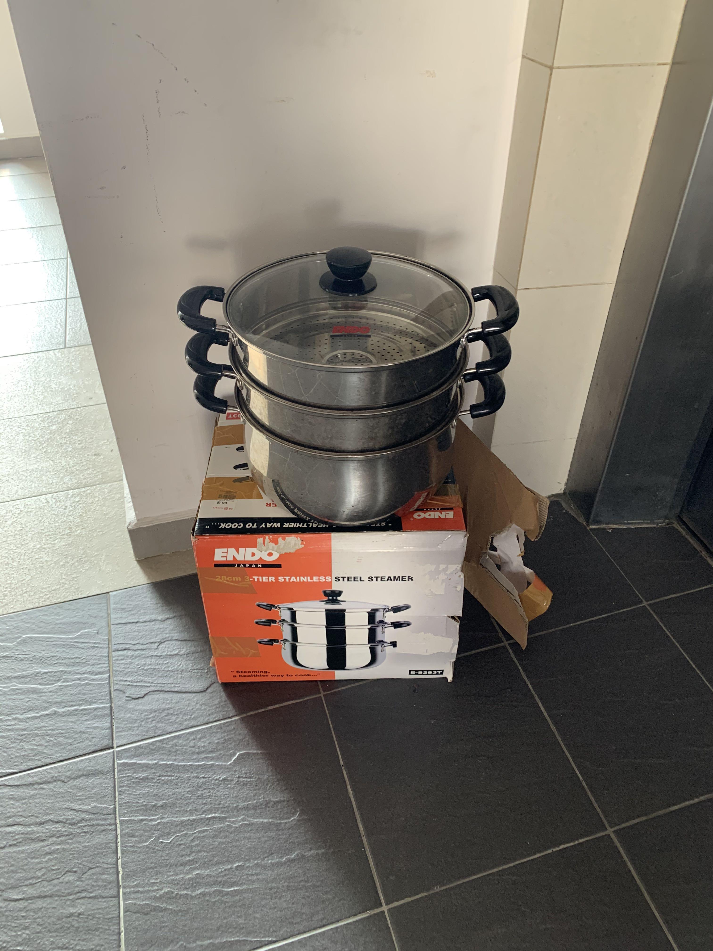 ENDO Steamer 28cm 3-Tier Stainless Steel Steamer / E-S283T 3 Layer Steamer Pot / 18/10 Stainless ...