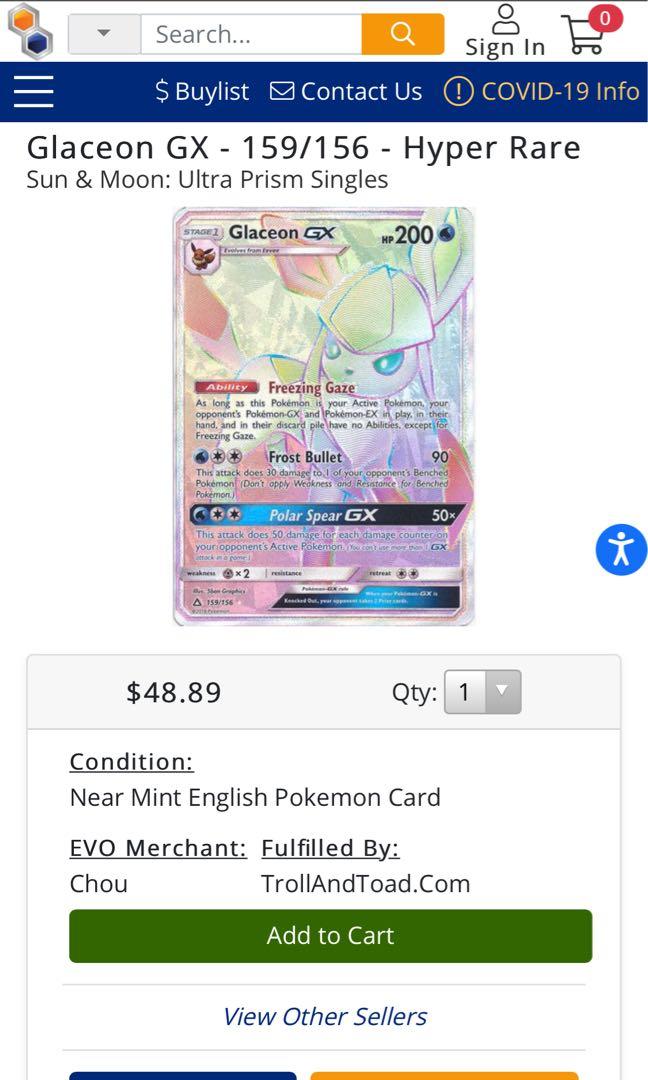 Glaceon GX - 159/156 - Hyper Rare Sun & Moon: Ultra Prism Pokemon MINT ...