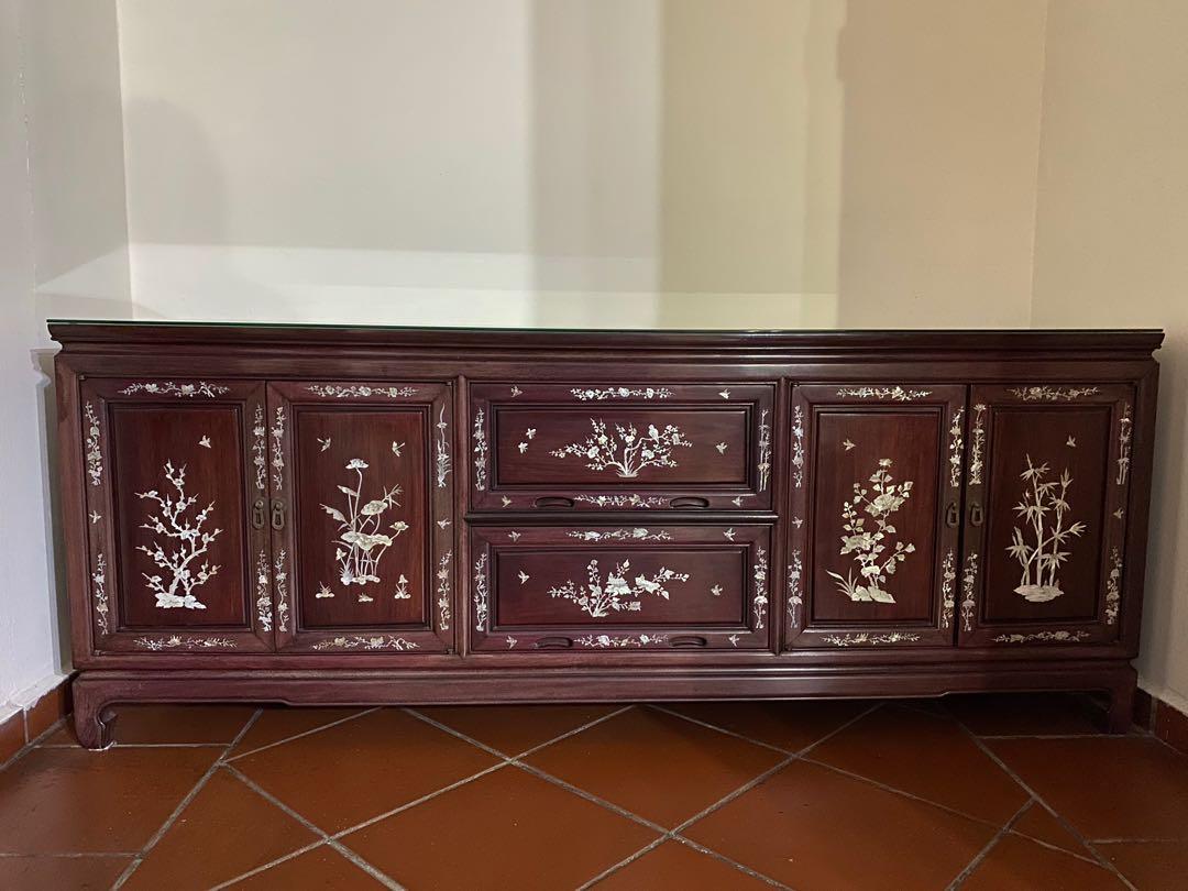 Old Rosewood & Mother Pearl Cabinet with Tinted Glass Top, Furniture ...