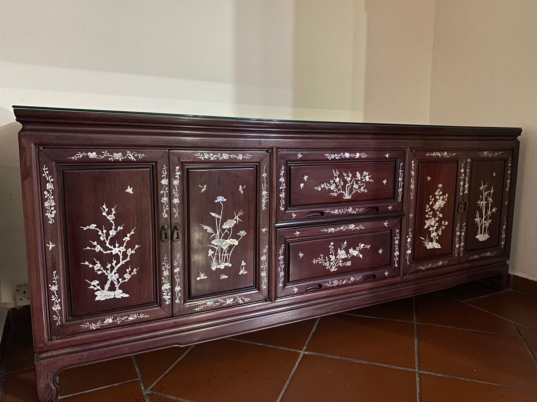 Old Rosewood & Mother Pearl Cabinet with Tinted Glass Top, Furniture ...