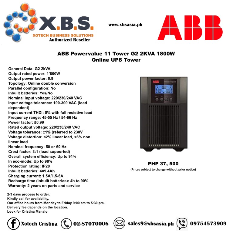 ABB Powervalue 11 Tower G2 2KVA 1800W Online UPS Tower, Computers ...