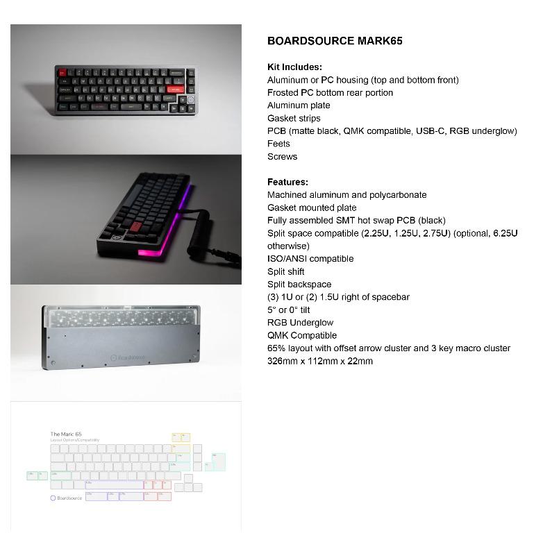 BoardSource Mark 65 Keyboard Kit (Black) (+ Extra PCB, FR4 Plate & optional 5 degree feet ...