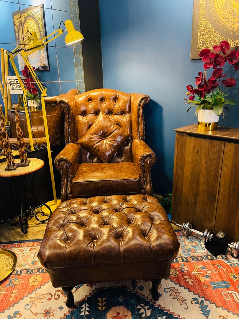Wing chair / father chair with stool, Furniture & Home Living ...