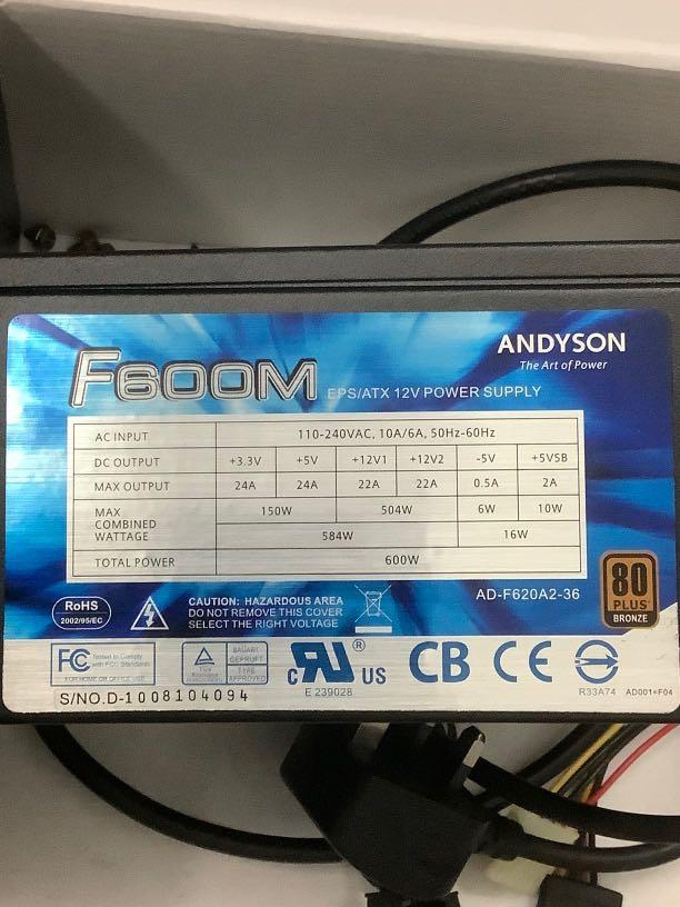 Andyson Power Supply Unit (PSU) F600M, Computers & Tech, Parts ...