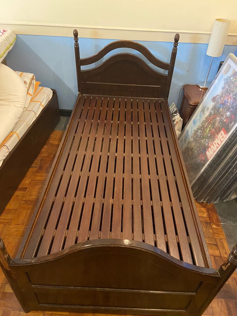 Dark walnut single bed with pull out, Furniture & Home Living ...