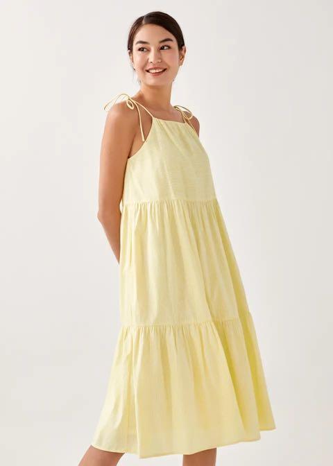 Bnwt LB Akia Tie Shoulder Tiered Midi Dress Daffodil S, Women's Fashion ...