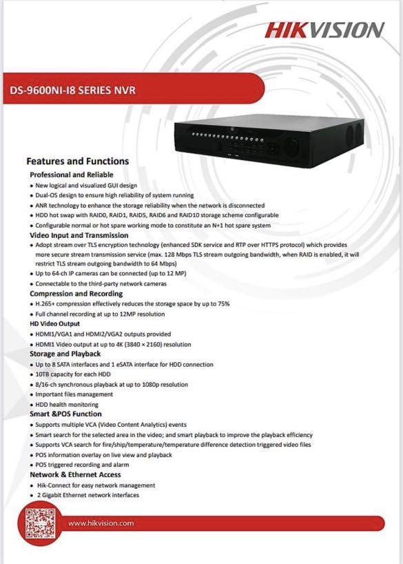 Hikvision 32CH Raid NVR •Order Model:DS-9632NI-I8, Support 8 SATA HDD ...