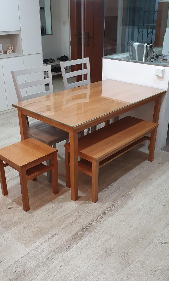 Muji Dining Table, Bench, Stool & Crate and Barrel Harper Tea Ladder ...