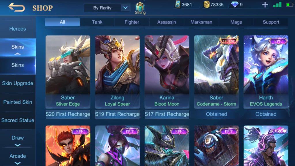 Stacked 211 Skins MLBB Account Saber Legend , Lunox Butterfly Seraphim ...