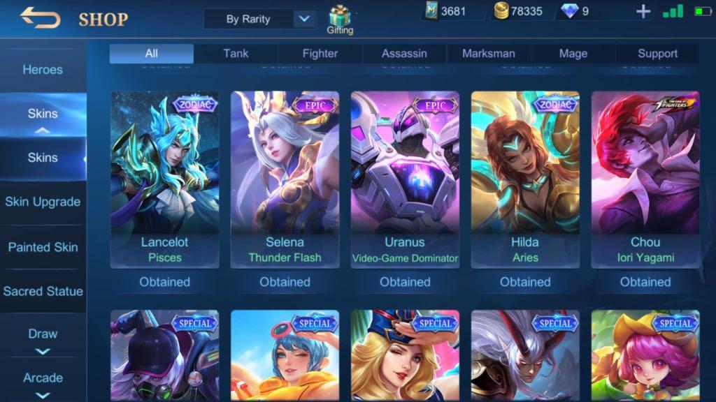 Stacked 211 Skins MLBB Account Saber Legend , Lunox Butterfly Seraphim ...