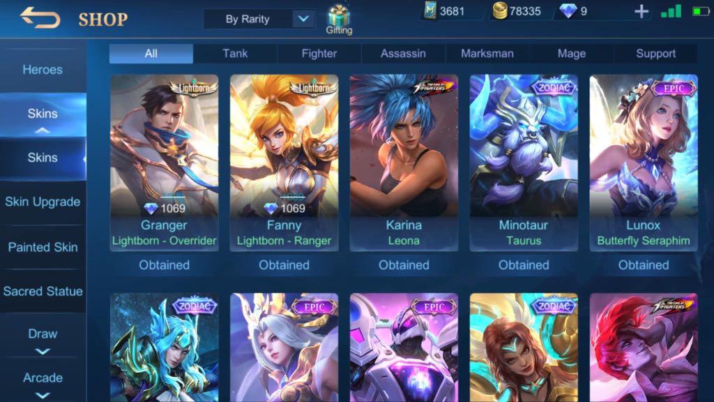 Stacked 211 Skins MLBB Account Saber Legend , Lunox Butterfly Seraphim ...