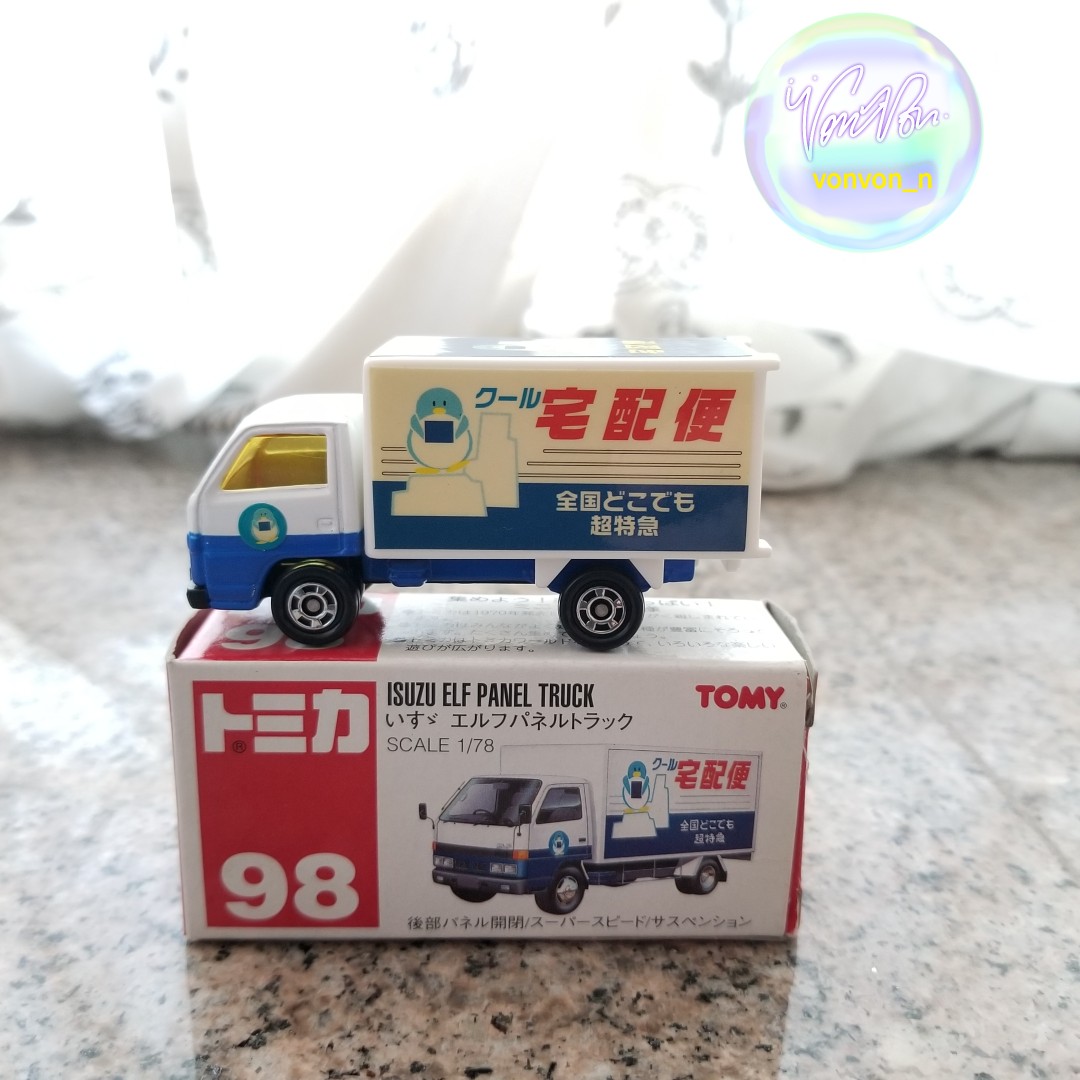 TAKARA TOMY Tomica No.98 ( 紅字 紅商標) 日本版 ISUZE ELF PANEL TRUCK 五十鈴 宅急便 運輸車, 興趣及遊戲, 玩具 & 遊戲類 ...