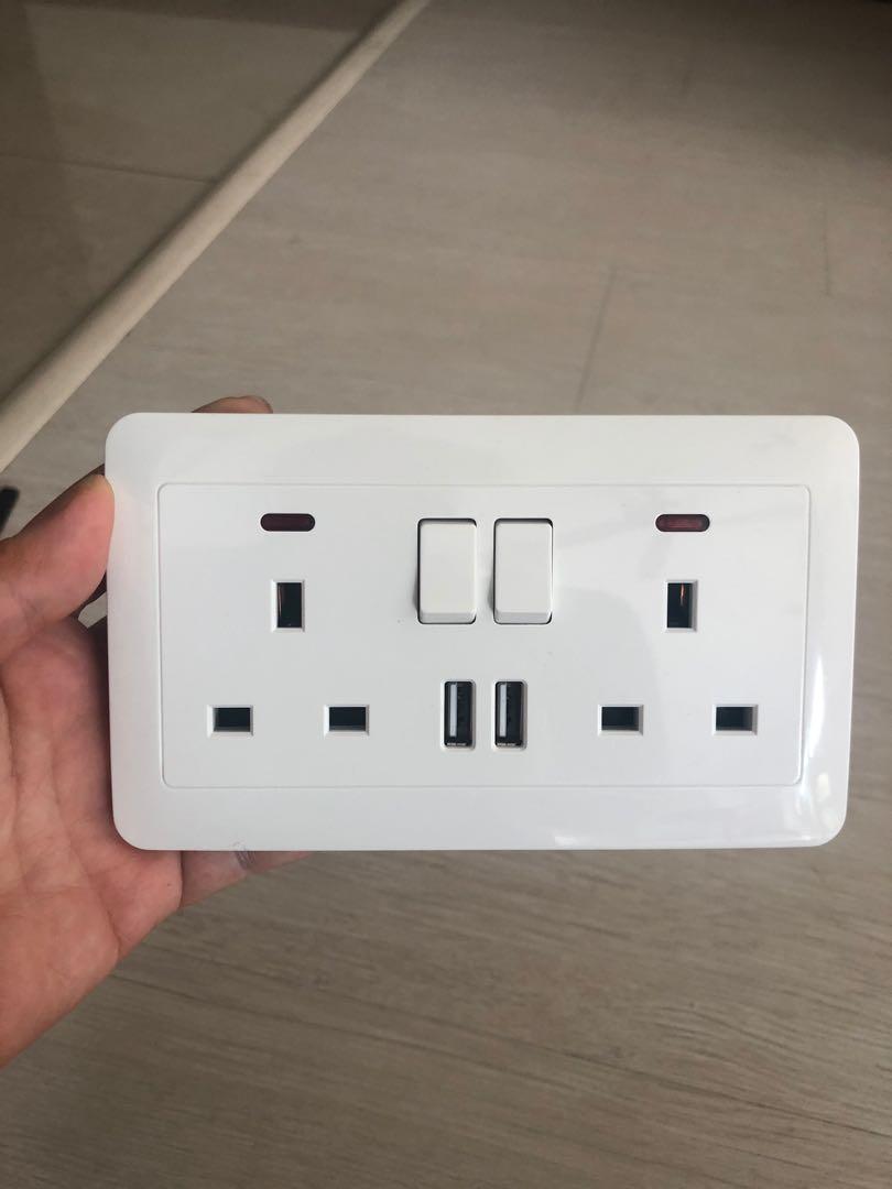 2 gang double 3 pin wall socket switch . 13A dual USB port AcDC power ...