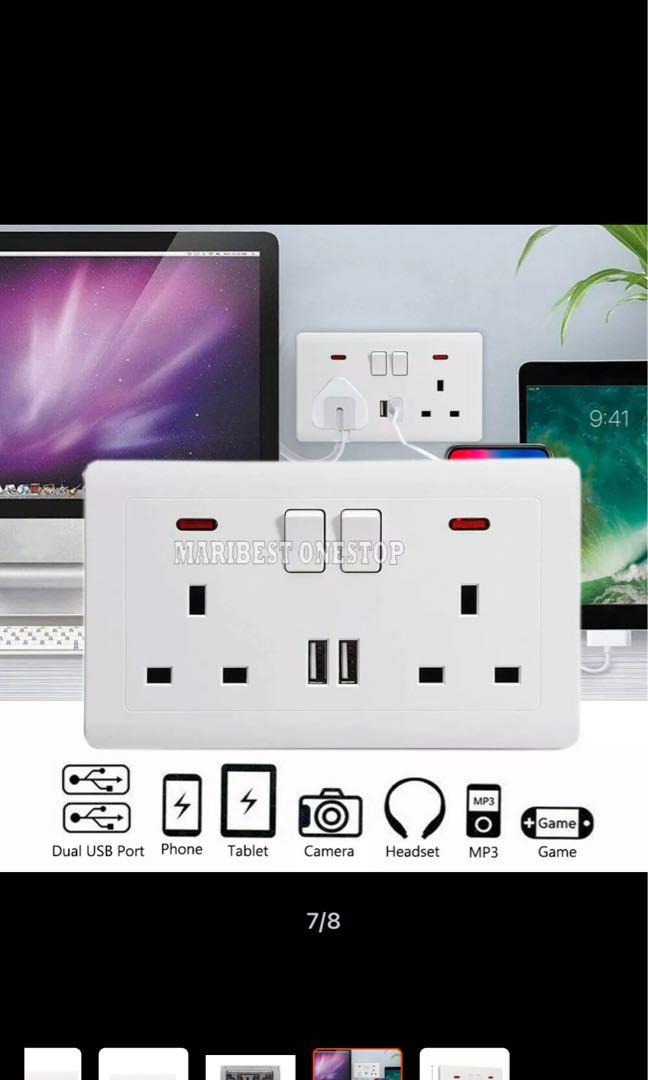 2 gang double 3 pin wall socket switch . 13A dual USB port AcDC power ...