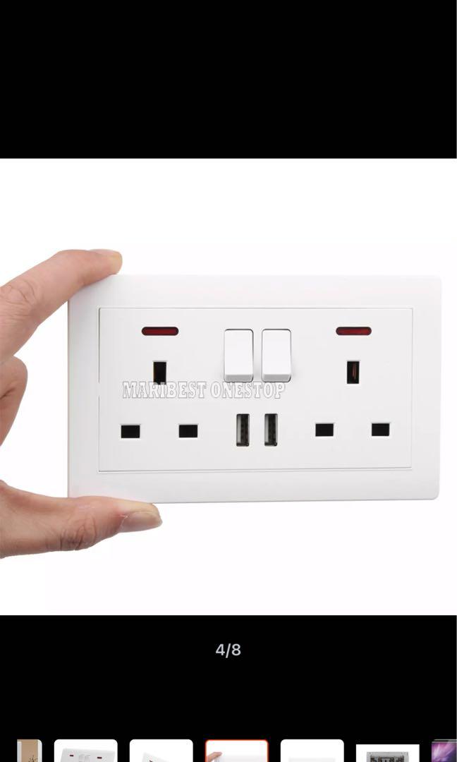 2 gang double 3 pin wall socket switch . 13A dual USB port AcDC power ...