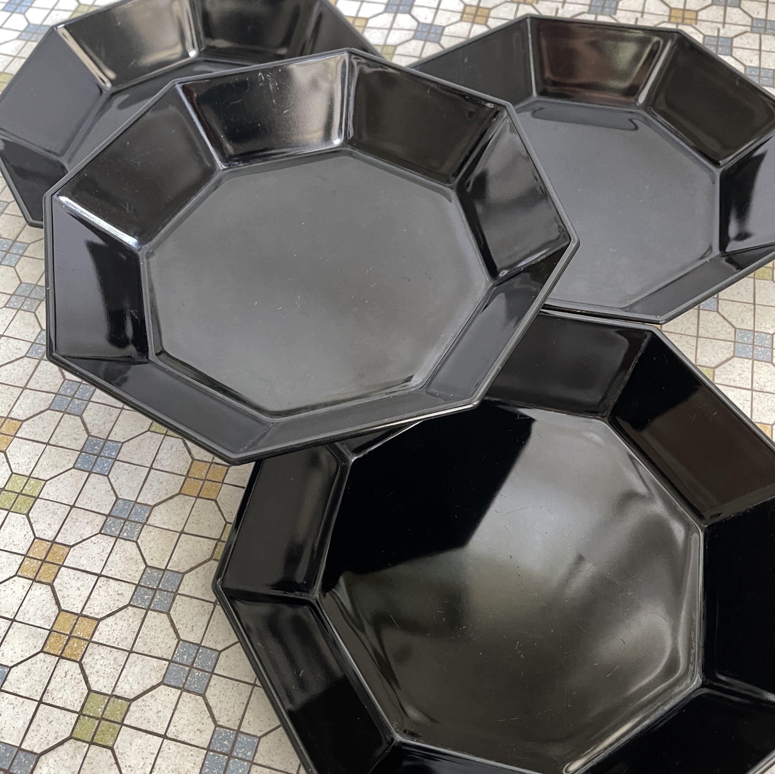 4 vintage Arcoroc octime polygon black glass shallow bowl plates ...